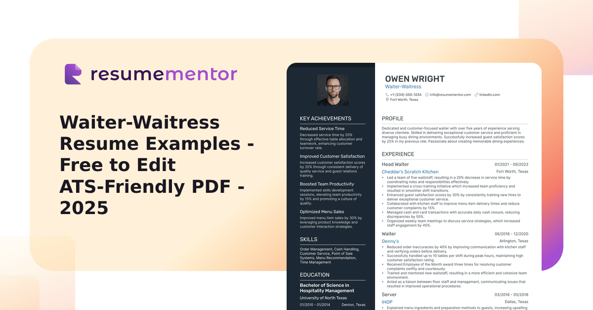 Waiter-Waitress Resume Examples - Free to Edit ATS-Friendly PDF - 2025
