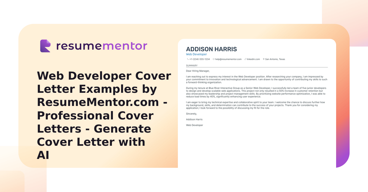 Web Developer Cover Letter Examples by ResumeMentor.com - Professional ...